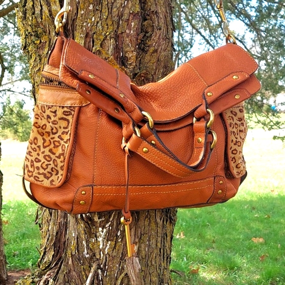 Fossil | Bags | Bohemian Fossil Leather Fold Top Bag Leopard Calf Hair ...
